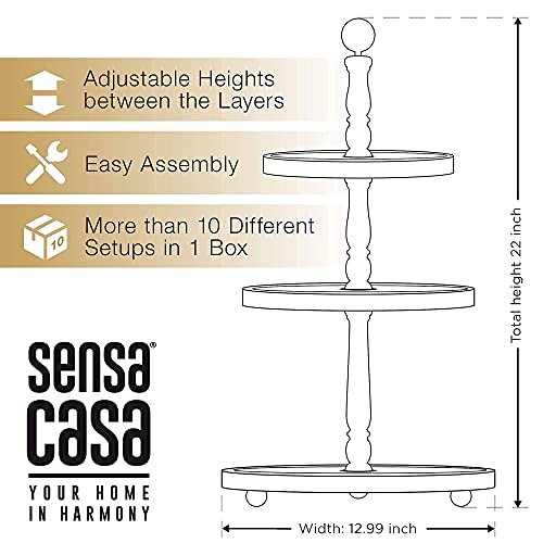 SensaCasa Farmhouse Tiered Tray – 3 Tier Tray – Rustic White Three Tier Tray - Wooden Farmhouse Kitchen Decor – 3 Tier Serving Trays – Wood Round Tiered Stand