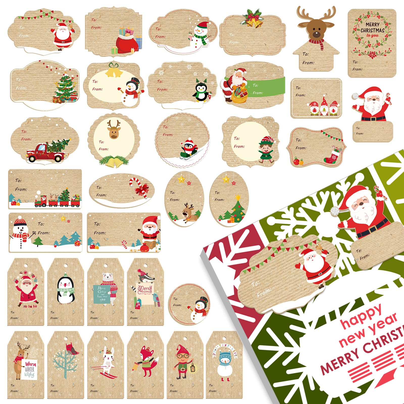 Whaline 136Pcs Christmas Kraft Gift Stickers 34 Styles Christmas Tree Santa Snowman Name Tags Stickers Self-Adhesive Xmas Cartoon Gift Label Sticker for Christmas Holiday Present Gift Box Decor