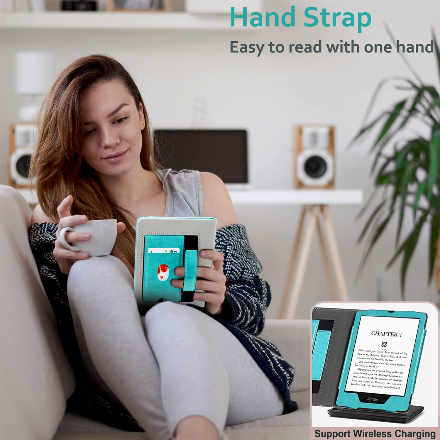 RSAquar Case for 6.8" Kindle Paperwhite (11th Generation-2021) and Kindle Paperwhite Signature Edition, Slim PU Leather Cover with Auto Sleep Wake, Hand Strap, Card Slot and Foldable Stand, Sky Blue