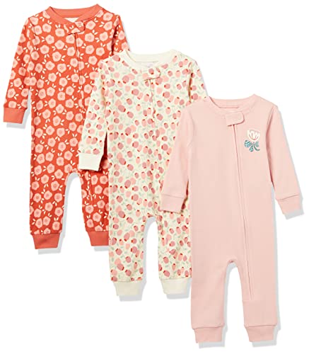 Amazon Essentials Baby Girls' Snug-Fit Cotton Footless Sleeper Pajamas, Pack of 3, Flowers/Garden Party, 12 Months