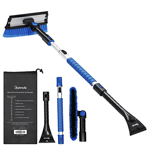 AstroAI 47.2" Ice Scrapers for Car Windshield, 3 in 1 Sturdy Snow Brush with Squeegee, 10 Adjustable Length Settings, Extendable Aluminum Handle, 270° Pivoting Snow Scraper for Car, Truck, SUV(Blue)