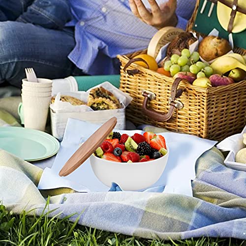 Panghuhu88 Salad Bowl with Lid, Set of 3 (7" + 8.8" + 11") Serving Bowl with Bamboo Cover, Bamboo Fiber Mixing Bowl for Salad Cereal Pasta Soup Fruit Popcorn Chips (White)