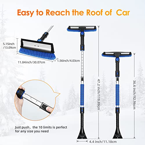 AstroAI 47.2" Ice Scrapers for Car Windshield, 3 in 1 Sturdy Snow Brush with Squeegee, 10 Adjustable Length Settings, Extendable Aluminum Handle, 270° Pivoting Snow Scraper for Car, Truck, SUV(Blue)