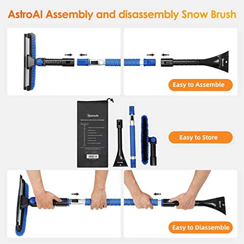 AstroAI 47.2" Ice Scrapers for Car Windshield, 3 in 1 Sturdy Snow Brush with Squeegee, 10 Adjustable Length Settings, Extendable Aluminum Handle, 270° Pivoting Snow Scraper for Car, Truck, SUV(Blue)