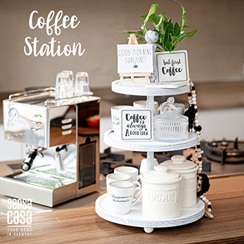 SensaCasa Farmhouse Tiered Tray – 3 Tier Tray – Rustic White Three Tier Tray - Wooden Farmhouse Kitchen Decor – 3 Tier Serving Trays – Wood Round Tiered Stand