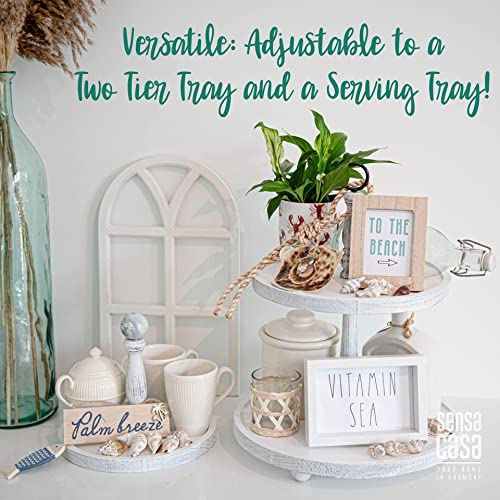 SensaCasa Farmhouse Tiered Tray – 3 Tier Tray – Rustic White Three Tier Tray - Wooden Farmhouse Kitchen Decor – 3 Tier Serving Trays – Wood Round Tiered Stand