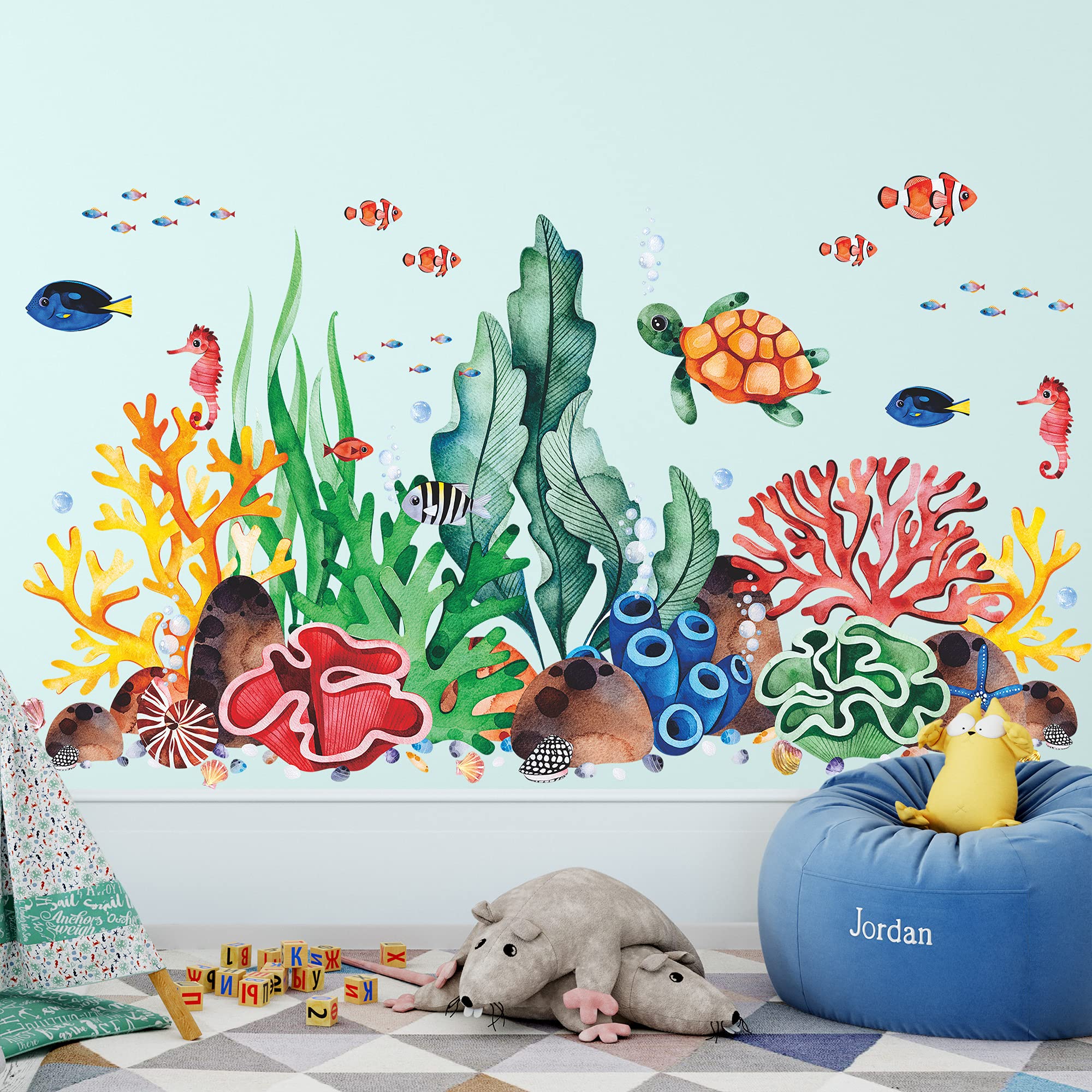 Creative Removable 3D Under The Sea Wall Sticker Ocean Life Coral Grass Wall Decal Peel and Stick Fish Sea Turtle Whale Wall Decor for Kids Bedroom Bathroom Nursery Living Room Wall Corner Decoration