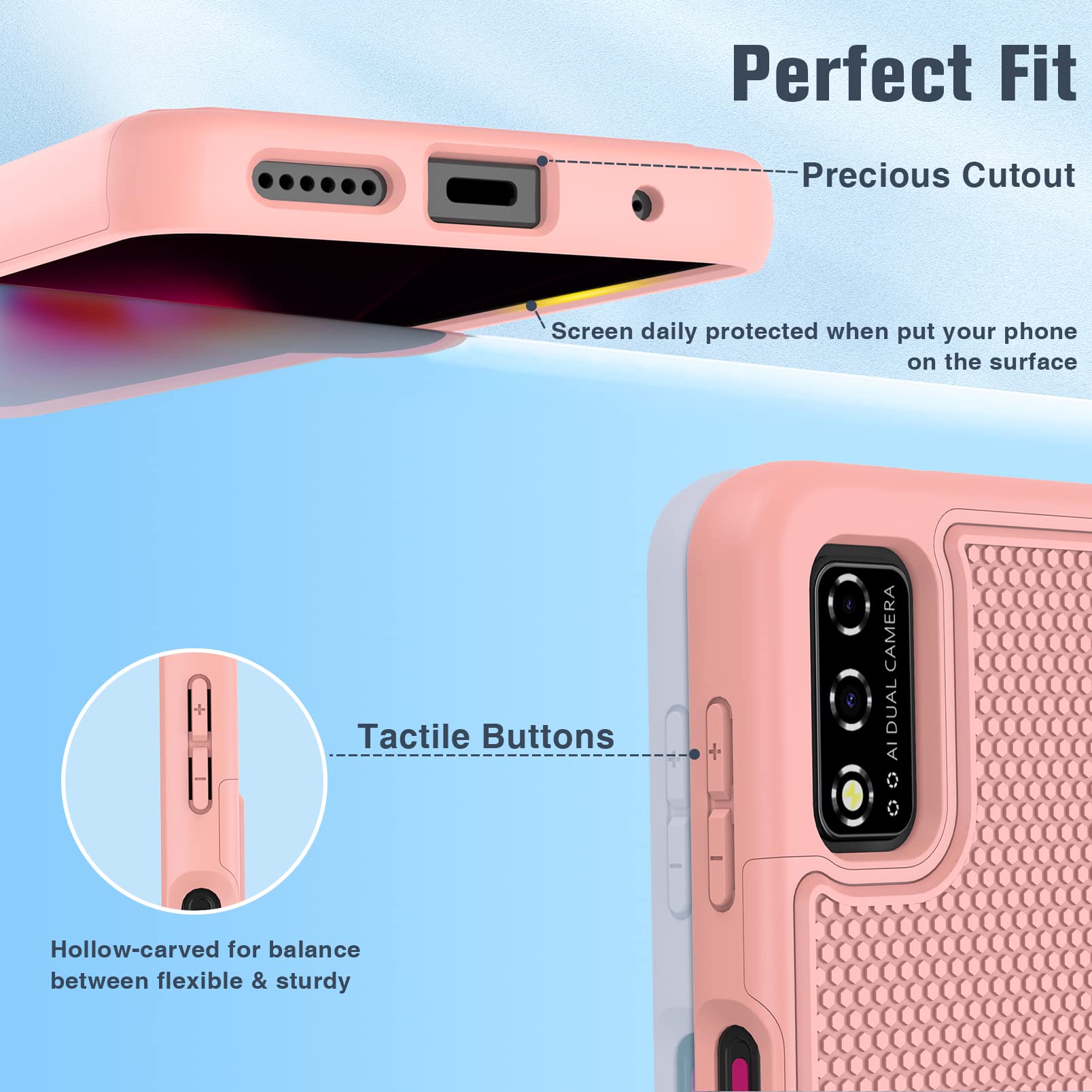 JXVM for T-Mobile REVVL V Phone Case 4G: Dual Layer Protective Heavy Duty Cell Phone Cover Shockproof Rugged with Non Slip Textured Back - Military Protection Bumper Tough - 6.52inch (Cute Pink)