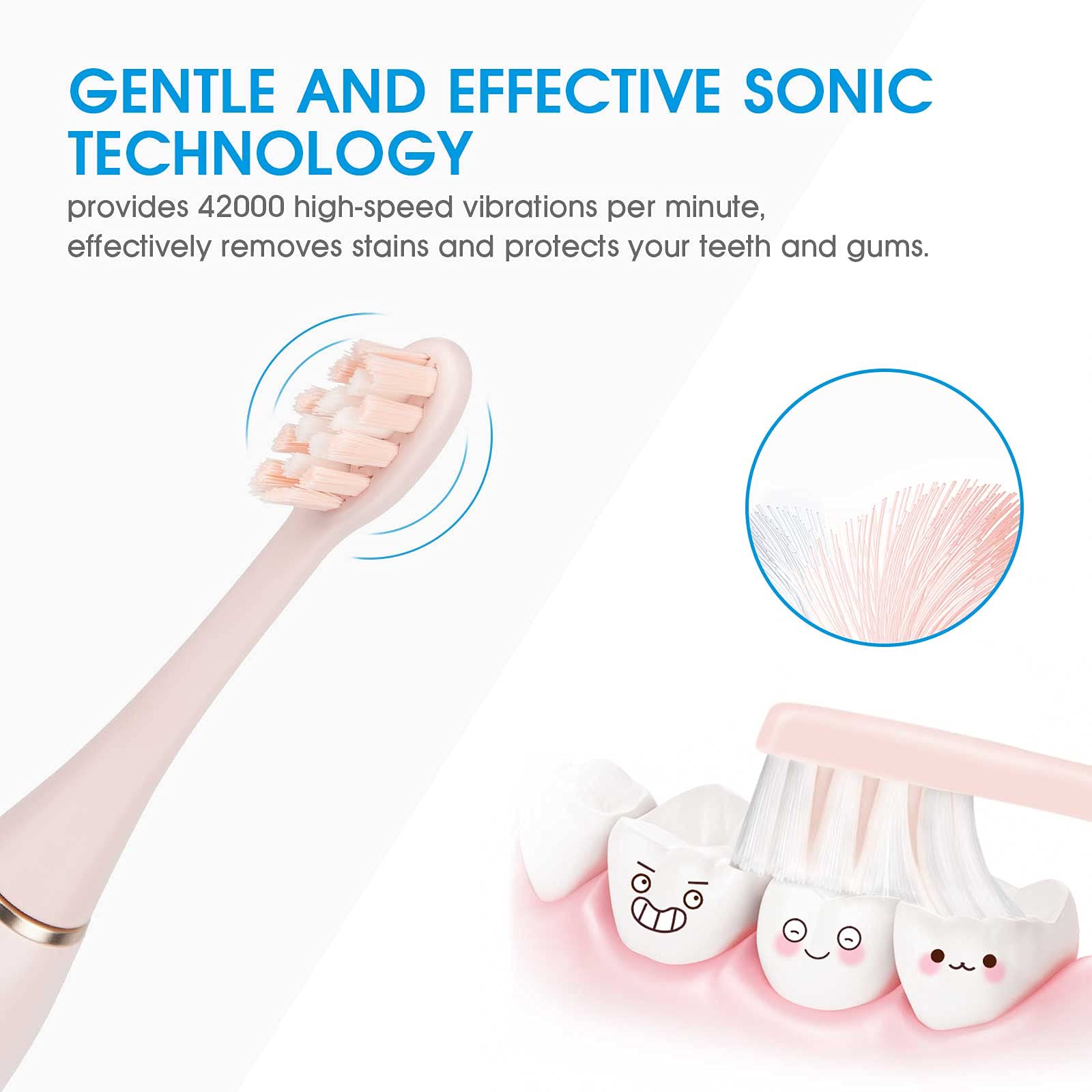NC Sonic Electric Toothbrush, Goodoral Powerful Cleaning Rechargeable Waterproof Toothbrushes with 2 Brush Heads for Adults and Kids(Pink)