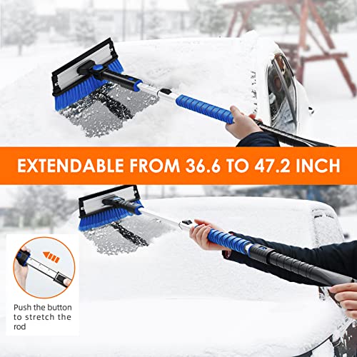 AstroAI 47.2" Ice Scrapers for Car Windshield, 3 in 1 Sturdy Snow Brush with Squeegee, 10 Adjustable Length Settings, Extendable Aluminum Handle, 270° Pivoting Snow Scraper for Car, Truck, SUV(Blue)