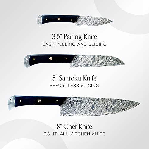 Breliser 3-Piece Full Diamond-Hammered Damascus Knife Set, Wenge Handle - Chef, Santoku, Paring - Leather Knife Roll - Knife Care Kit