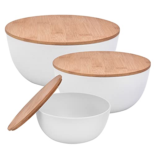 Panghuhu88 Salad Bowl with Lid, Set of 3 (7" + 8.8" + 11") Serving Bowl with Bamboo Cover, Bamboo Fiber Mixing Bowl for Salad Cereal Pasta Soup Fruit Popcorn Chips (White)