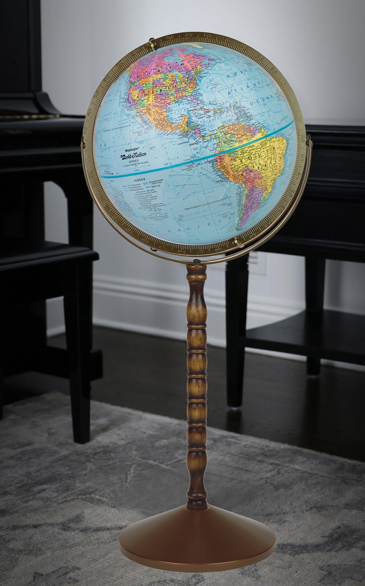 Treasury 12" Diameter Globe, USA Cartography, Convertible to Desktop with Raised Mountain Relief and Sturdy Metal Base and Hand Turned Hard Wood Stand.This economical 12” floor model stands 32” high on a durable metal base and attractive wooden pedestal.