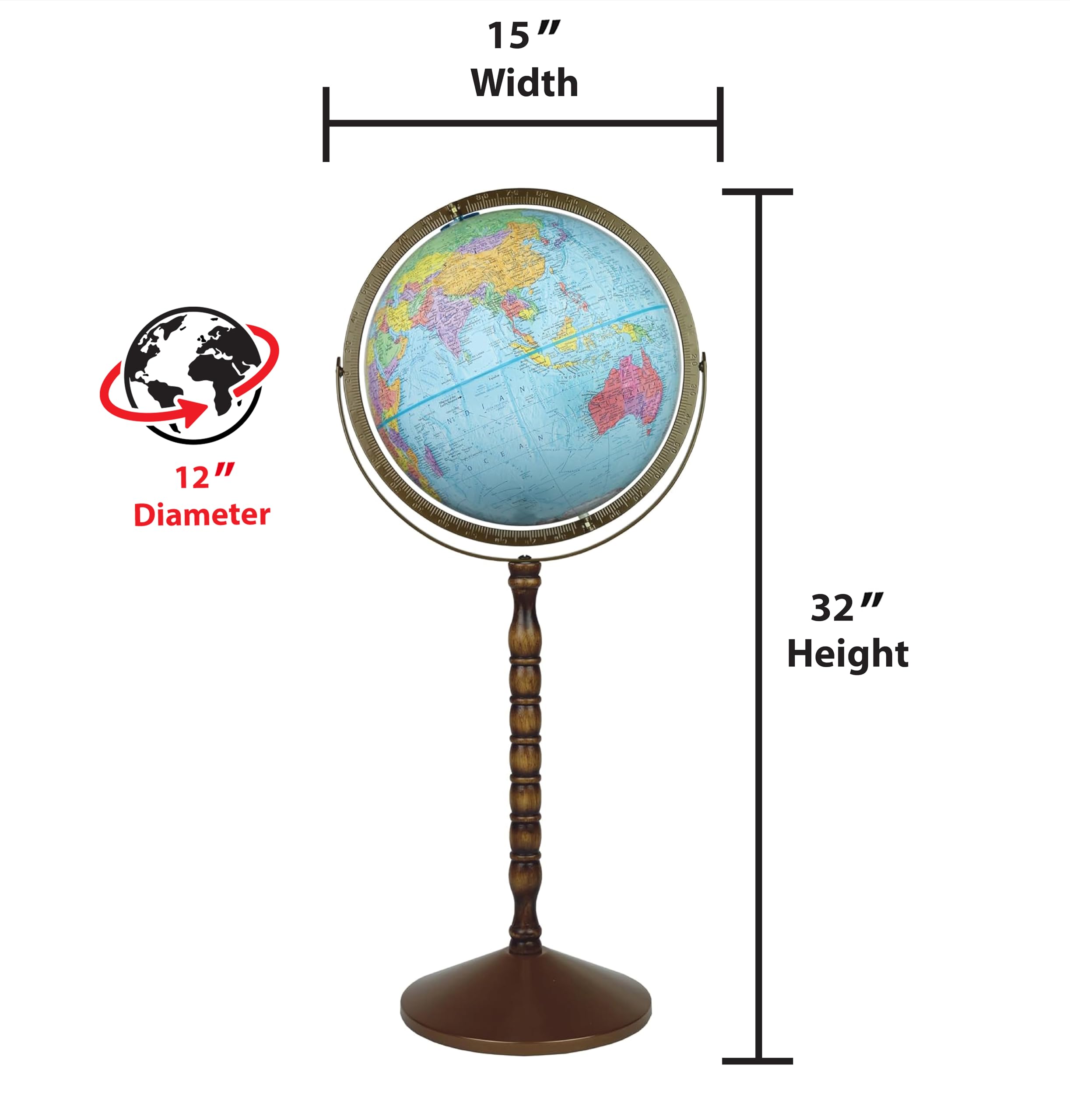 Treasury 12" Diameter Globe, USA Cartography, Convertible to Desktop with Raised Mountain Relief and Sturdy Metal Base and Hand Turned Hard Wood Stand.This economical 12” floor model stands 32” high on a durable metal base and attractive wooden pedestal.
