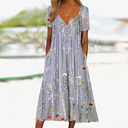 DUOWEI Womens Fashion Short Sleeve Long Casual Flower Button Round Neck Pullover Dress Skirt