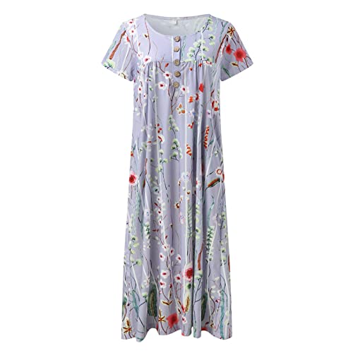 DUOWEI Womens Fashion Short Sleeve Long Casual Flower Button Round Neck Pullover Dress Skirt