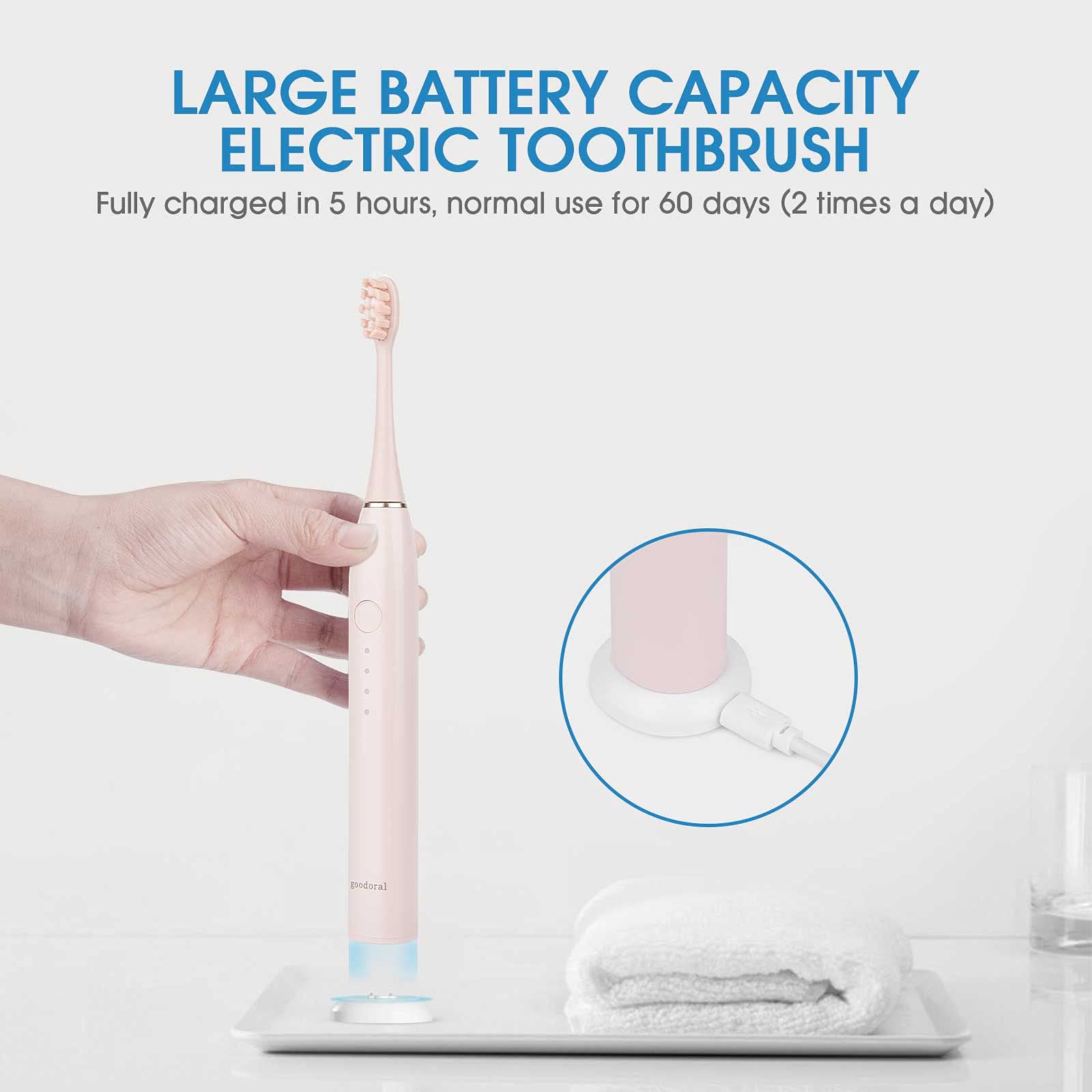 NC Sonic Electric Toothbrush, Goodoral Powerful Cleaning Rechargeable Waterproof Toothbrushes with 2 Brush Heads for Adults and Kids(Pink)