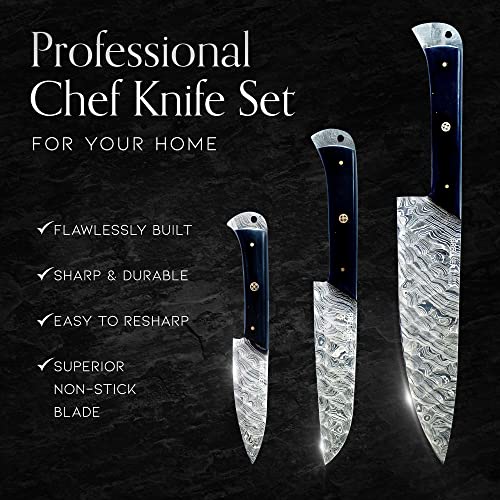 Breliser 3-Piece Full Diamond-Hammered Damascus Knife Set, Wenge Handle - Chef, Santoku, Paring - Leather Knife Roll - Knife Care Kit