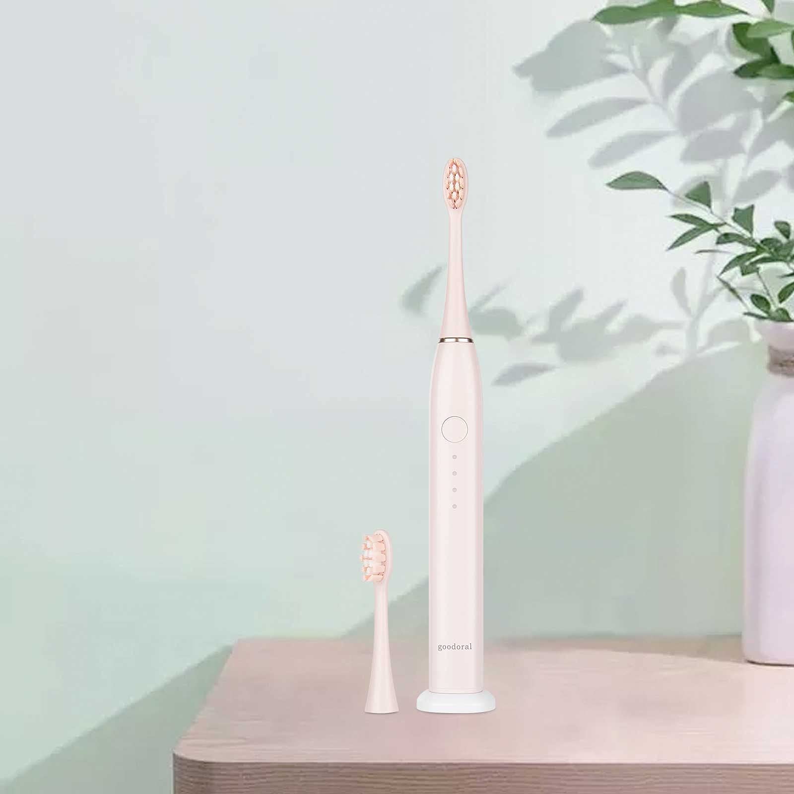 NC Sonic Electric Toothbrush, Goodoral Powerful Cleaning Rechargeable Waterproof Toothbrushes with 2 Brush Heads for Adults and Kids(Pink)