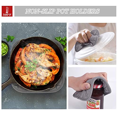 Oven Mitts and Pot Holders Set with Kitchen Towels and Dishcloths, 500 Degree Heat Resistant Oven Gloves and Hot Pads, Premium Soft Cotton Kitchen Hand Towels and Dish Cloth Sets Hanging Loop Gray