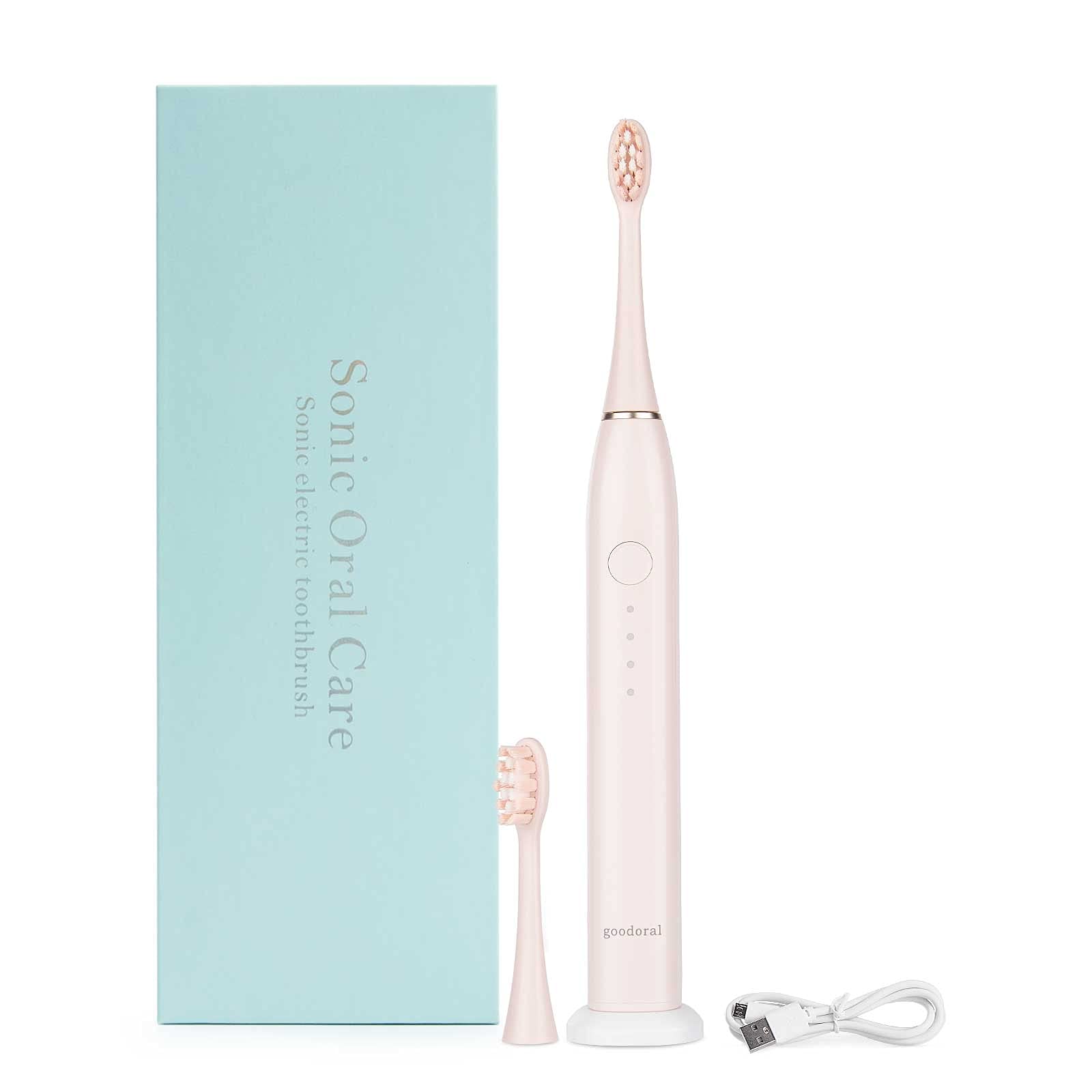 NC Sonic Electric Toothbrush, Goodoral Powerful Cleaning Rechargeable Waterproof Toothbrushes with 2 Brush Heads for Adults and Kids(Pink)
