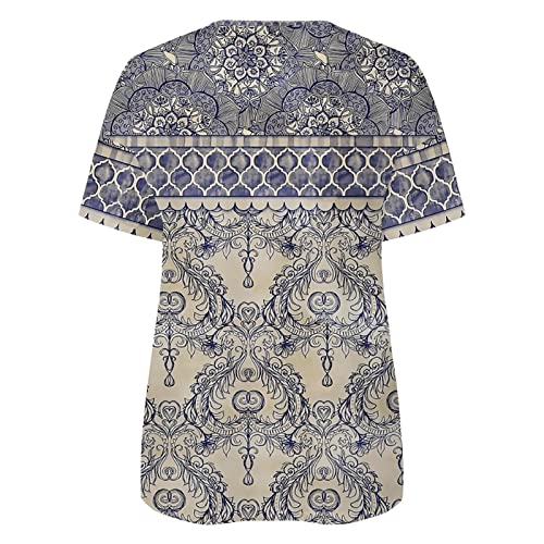 Women's Floral Printed Zipper Short Sleeve Cotton Imitation T Shirt Top Casual Top