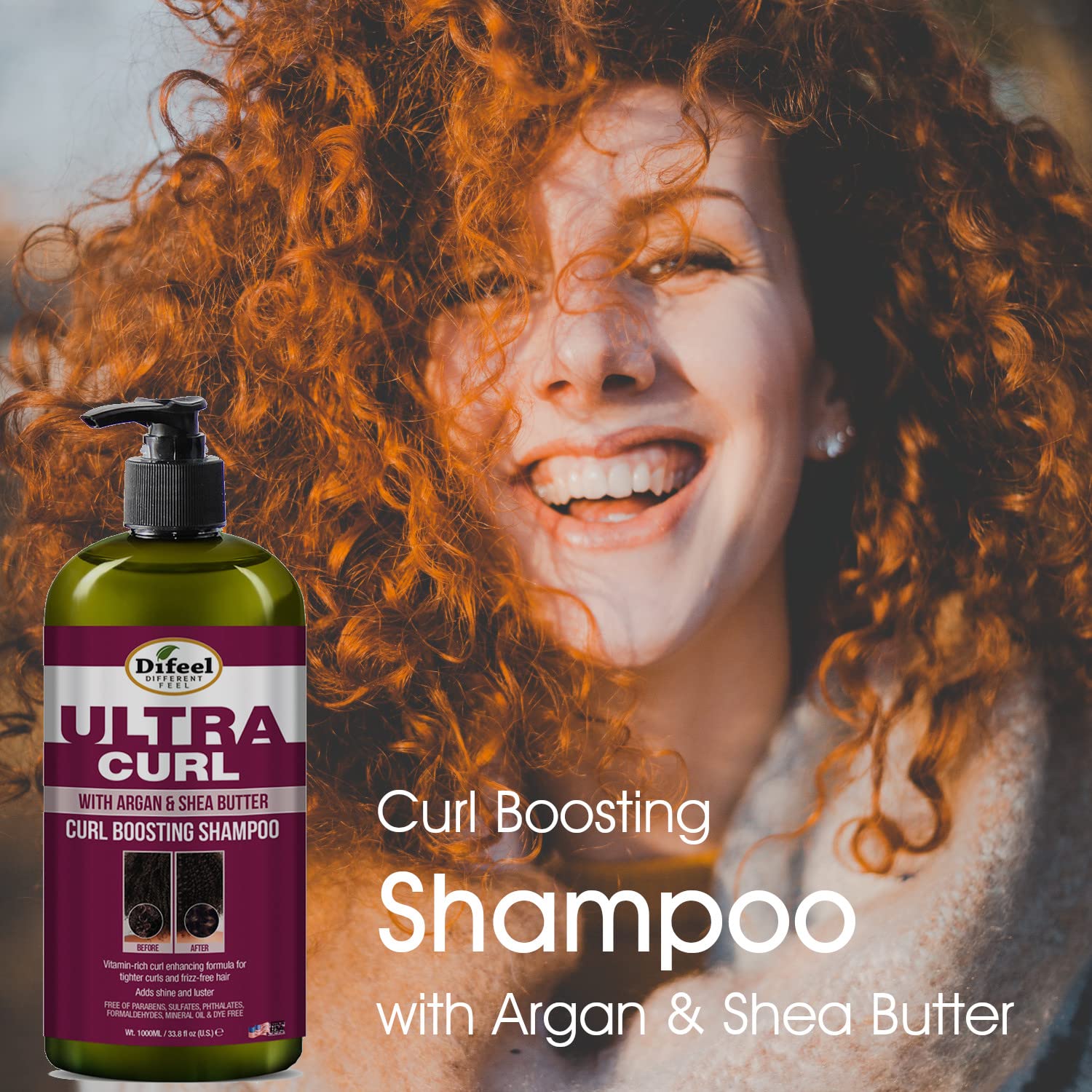Difeel Ultra Curl with Argan & Shea Butter - Curl Boosting Shampoo 33.8 oz., Sulfate Free Shampoo Made with Natural Ingredients