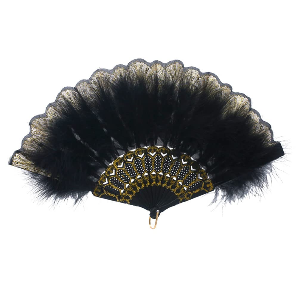 Malab Feather Fan 1920s Folding Fan Chinese Style Retro Hand Fan Thorn Wedding Ball Church Decoration Gifts (Black)