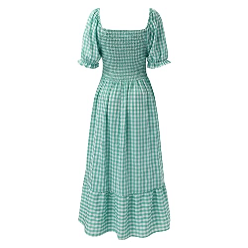 New Pleated Wrap Lace Up Short Sleeve Square Collar Long Plaid Dress Green
