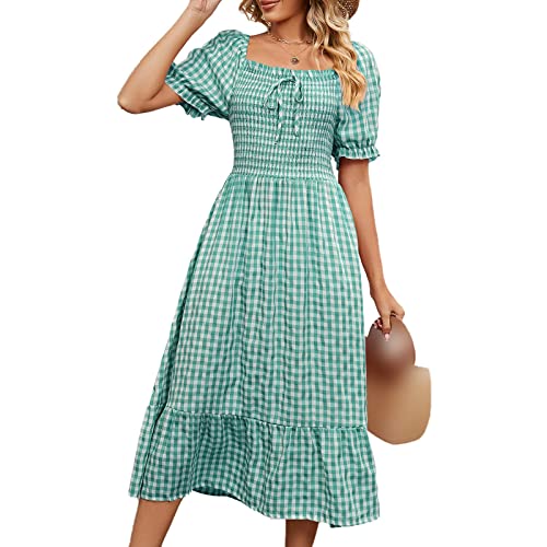 New Pleated Wrap Lace Up Short Sleeve Square Collar Long Plaid Dress Green