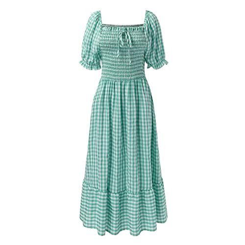 New Pleated Wrap Lace Up Short Sleeve Square Collar Long Plaid Dress Green