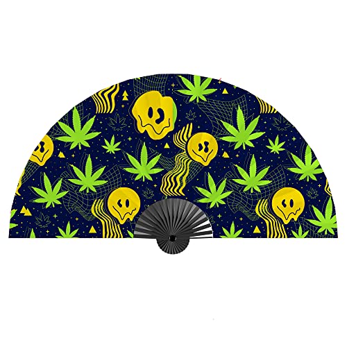 Large Rave Fan, Folding Hand Fan, Festival Rave Accessories Chinease & Japanese Hand Fan for Bar Performance Dancing Party (Melt Smiley Face Weed)
