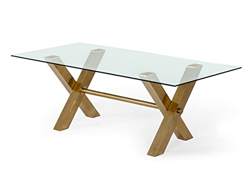 Limari Home Othon Collection Modern Style Glass Rectangular 8 Persons Dining Table with Stainless Steel Legs, Gold