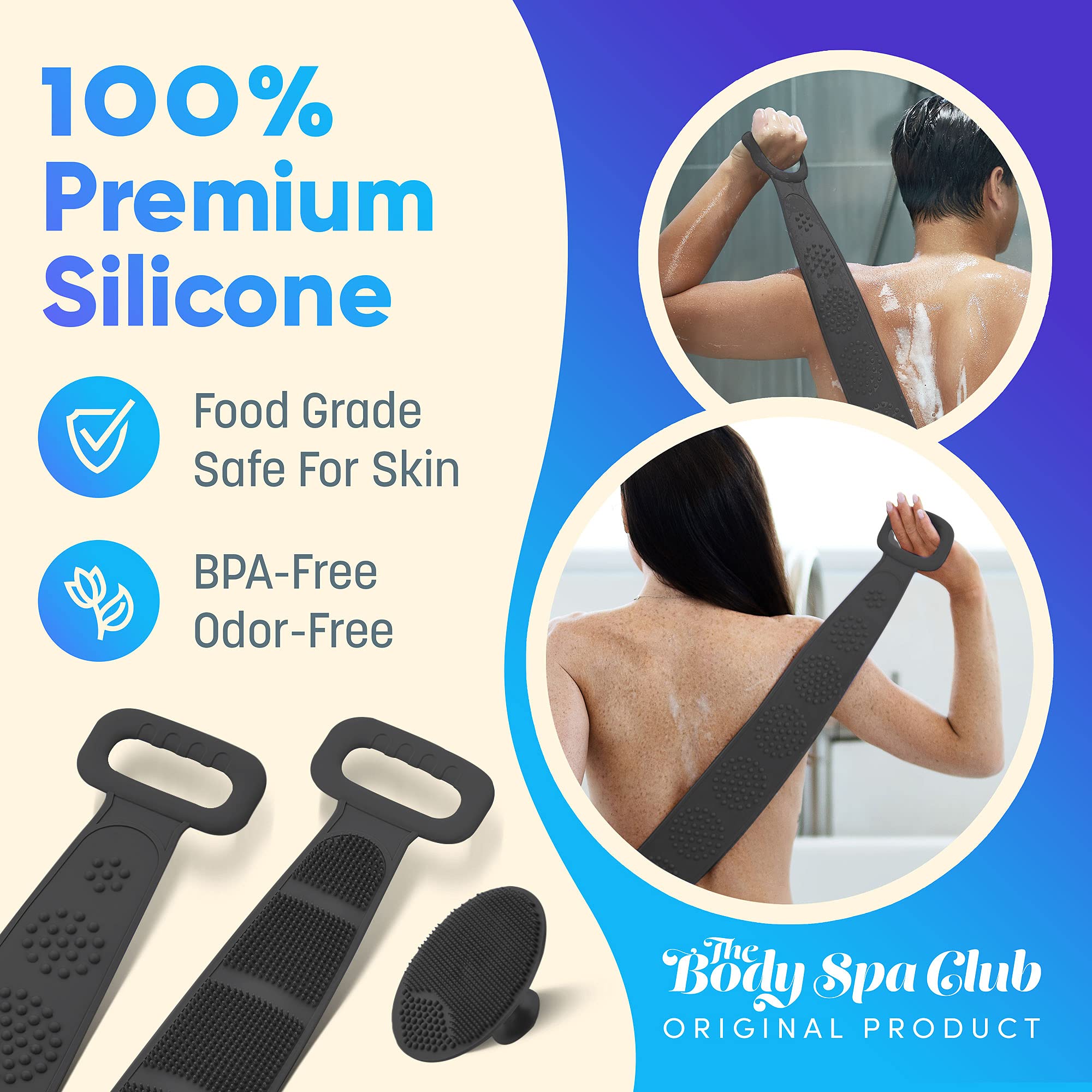 Silicone Back Scrubber for Shower- 36 Inches Back Body Brush Extra Long for Exfoliating & Massaging Hygienic Back Washer with Handle, Shower Silicone Back Scrubber for Men and Women, Black.