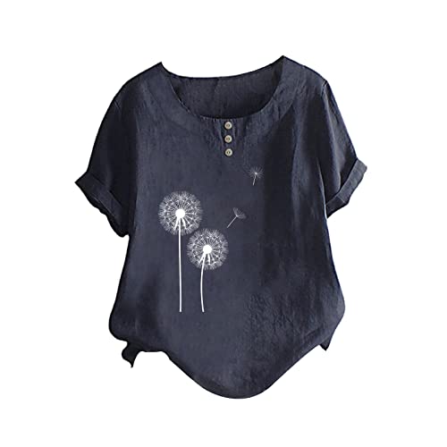 Women Summer Round Neck Button Dandelion Print Short Sleeve T Shirt Blouse Navy