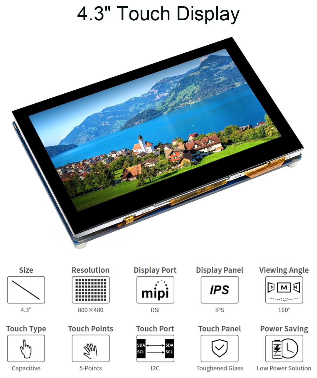waveshare 4.3 inch DSI LCD Display for Raspberry Pi 4B/3B+/3A+/3B/2B/B+/A+/Compute Module 3+/3/4, 800×480 Touchscreen Capacitive IPS Screen Monitor, Support Raspbian/Ubuntu/Kali /WIN10 IoT/Retropie