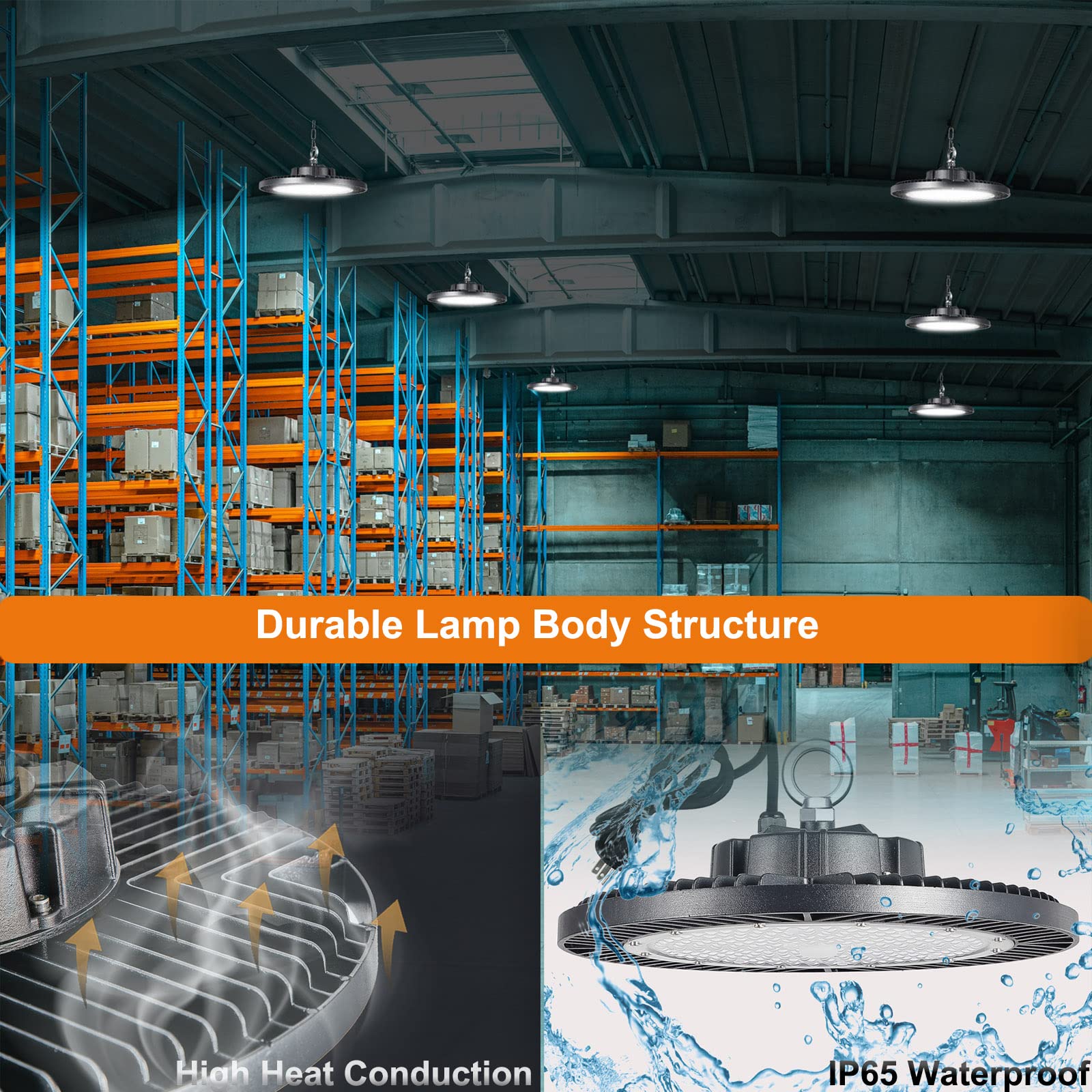 2 Pack 200W LED High Bay Lights, UFO LED High Bay Light, 28,000 LM(Eqv.800W MH/HPS), 5000K Daylight, IP65, 5ft Cable with US Plug, Safe Rope for Garage/Warehouse/Workshop