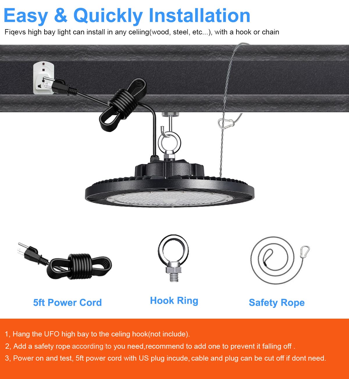 2 Pack 200W LED High Bay Lights, UFO LED High Bay Light, 28,000 LM(Eqv.800W MH/HPS), 5000K Daylight, IP65, 5ft Cable with US Plug, Safe Rope for Garage/Warehouse/Workshop