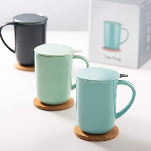 CEEFU Porcelain Tea Mug with Infuser and Lid, Teaware with Filter and Coaster, Loose Leaf Tea Cup Steeper Maker, 16 OZ for Tea/Coffee/Milk/Women/Office/Home/Gift (Navy Blue)