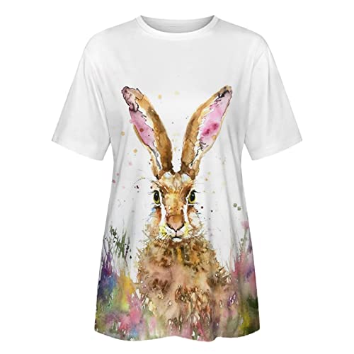 Women Casual Top Easter Bunny Printing Loose Round Neck Short Sleeve T Shirt Khaki