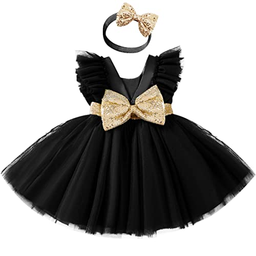 KLFFLGID Baby Girl Sequins Bowknot Dress Toddler Flower Girl Wedding Party Dress for Toddler Girls Infant Tutu Dresses Size 60 (Black)