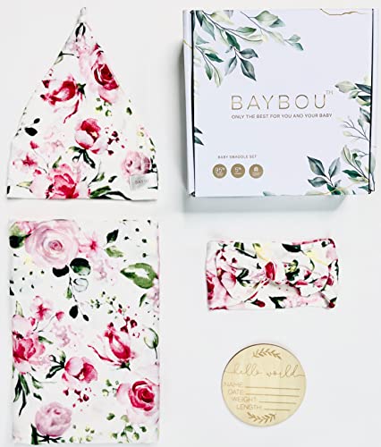 Baybou Baby Swaddle Set Bamboo Receiving Blanket for Hospital Swaddle Hat Bow Wood Announcement Gift Set for New Baby Arrival 4-Piece Complete Swaddle Set (Pink Rose)