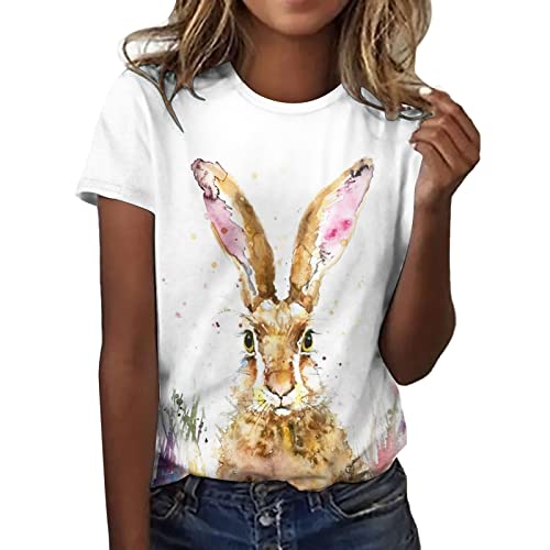 Women Casual Top Easter Bunny Printing Loose Round Neck Short Sleeve T Shirt Khaki