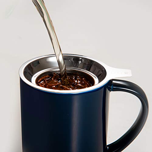 CEEFU Porcelain Tea Mug with Infuser and Lid, Teaware with Filter and Coaster, Loose Leaf Tea Cup Steeper Maker, 16 OZ for Tea/Coffee/Milk/Women/Office/Home/Gift (Navy Blue)