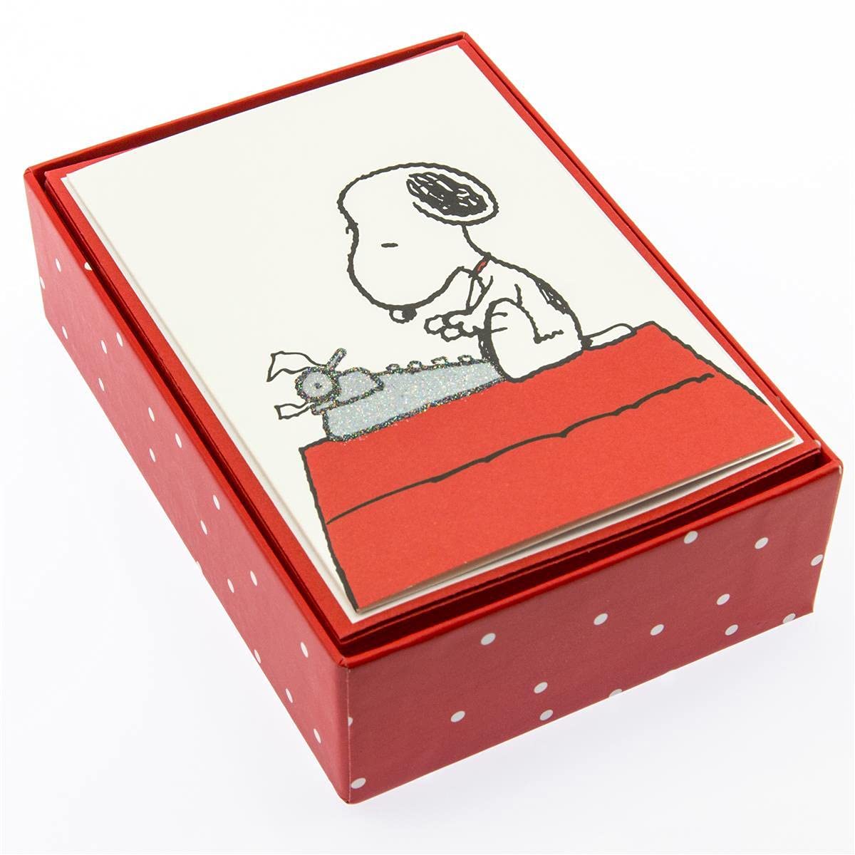 Graphique Peanuts Typewriter Boxed Notecards, 16 Snoopy at Typewriter Cards Embellished with Glitter, with Matching Envelopes and Storage Box, 3.25" x 4.75"