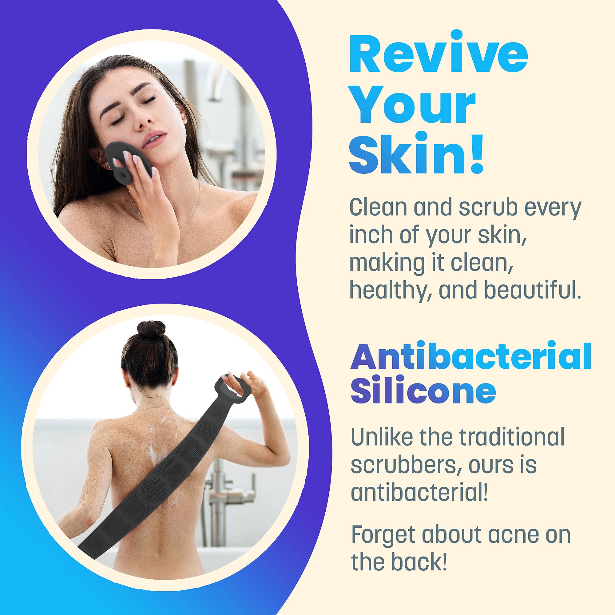Silicone Back Scrubber for Shower- 36 Inches Back Body Brush Extra Long for Exfoliating & Massaging Hygienic Back Washer with Handle, Shower Silicone Back Scrubber for Men and Women, Black.