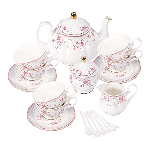 fanquare Vintage Porcelain Tea Set for Women Tea Party, Tea Cup and Saucer Set for 6, Wedding Floral Teapot Set for Adults, Pink Rose