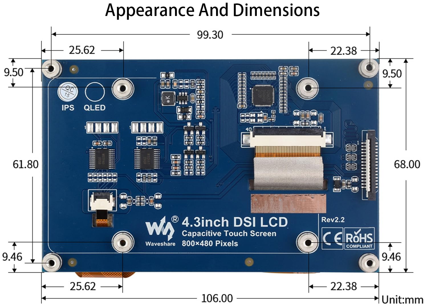 waveshare 4.3 inch DSI LCD Display for Raspberry Pi 4B/3B+/3A+/3B/2B/B+/A+/Compute Module 3+/3/4, 800×480 Touchscreen Capacitive IPS Screen Monitor, Support Raspbian/Ubuntu/Kali /WIN10 IoT/Retropie