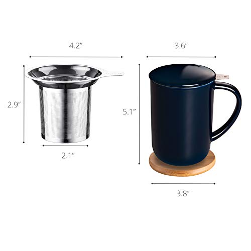 CEEFU Porcelain Tea Mug with Infuser and Lid, Teaware with Filter and Coaster, Loose Leaf Tea Cup Steeper Maker, 16 OZ for Tea/Coffee/Milk/Women/Office/Home/Gift (Navy Blue)