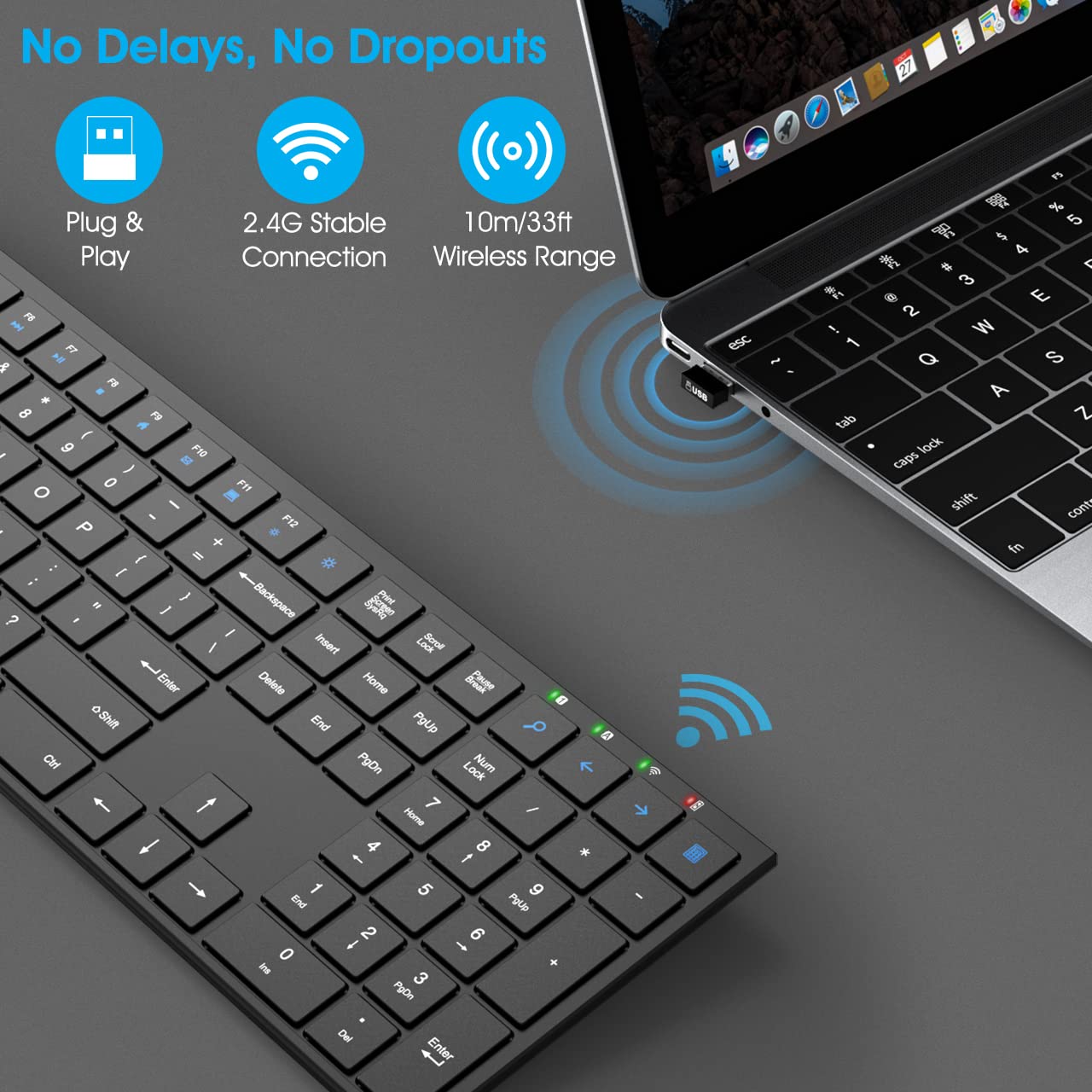 Trueque Wireless Keyboard, Full Size Ultra Slim Keyboard with Silent Keys, Number Pad, 2.4 GHz Wireless Ergonomic USB Computer Keyboard for Laptop, Windows, PC, Desktop, Mac, Black